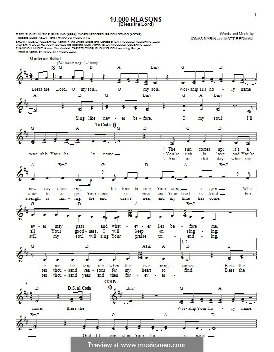 10 000 Reasons Bless The Lord By J Myrin M Redman On Musicaneo