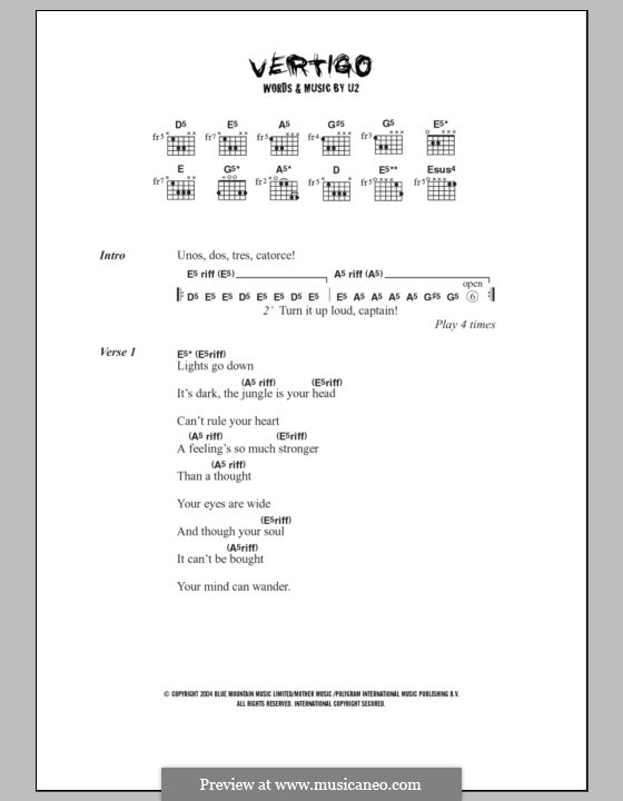 Vertigo by U2 - sheet music on MusicaNeo