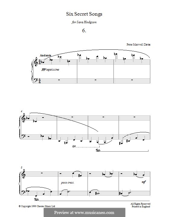 Six Secret Songs for Piano by P.M. Davies - sheet music on MusicaNeo