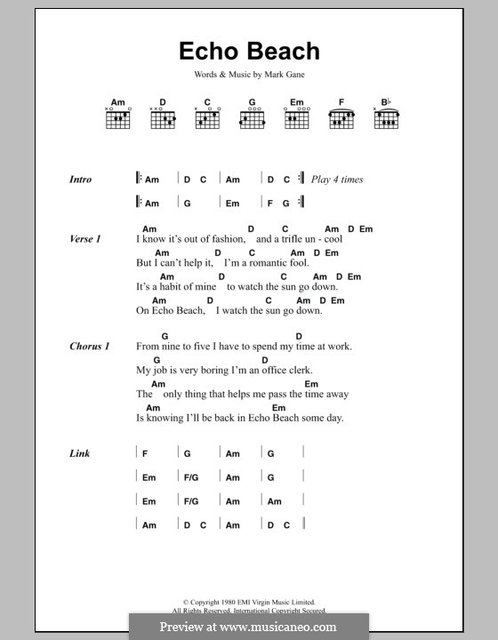 Echo Beach (Martha & The Muffins) by M. Gane - sheet music on MusicaNeo