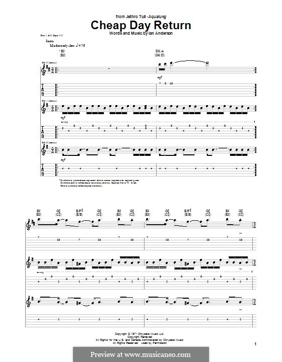Cheap Day Return (Jethro Tull) by I. Anderson - sheet music on MusicaNeo