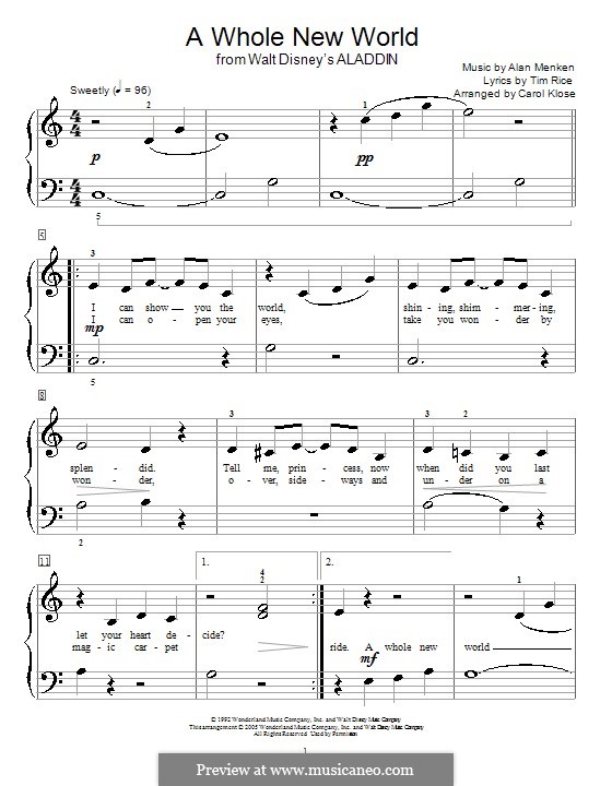 Piano version (A Whole New World (from Aladdin)) by A. Menken on MusicaNeo