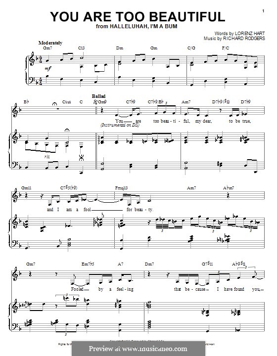 You Are Too Beautiful By R Rodgers Sheet Music On Musicaneo
