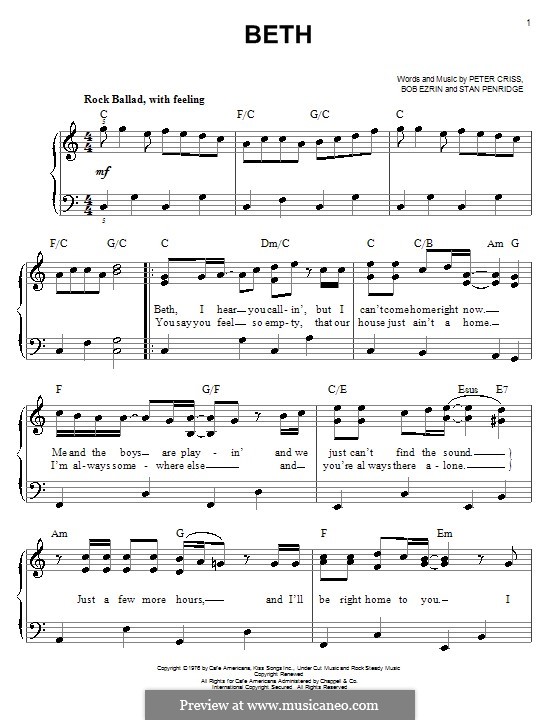 Beth by B. Ezrin, P. Criss, S. Penridge - sheet music on MusicaNeo
