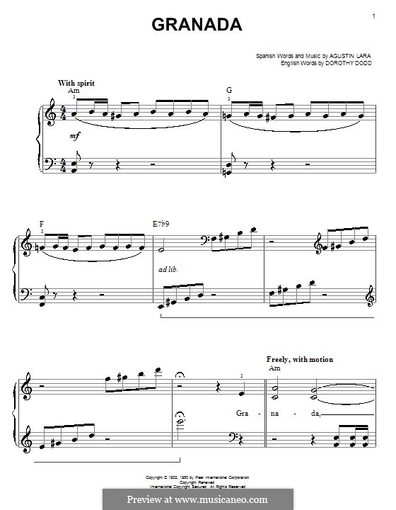 Granada by A. Lara - sheet music on MusicaNeo