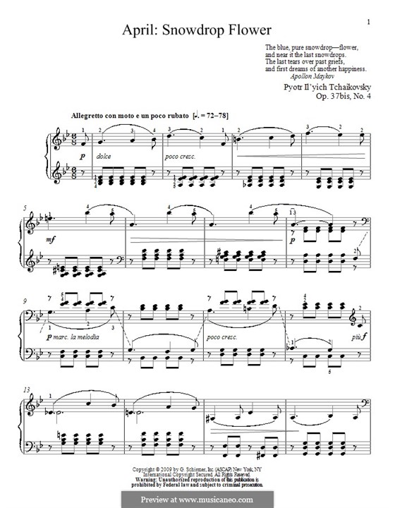 No.4 April (Snowdrop) (The Seasons, TH 135 Op.37a) by P. Tchaikovsky on ...