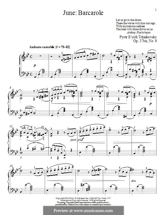 No.6 June (Barcarole) (The Seasons, TH 135 Op.37a) by P. Tchaikovsky on ...