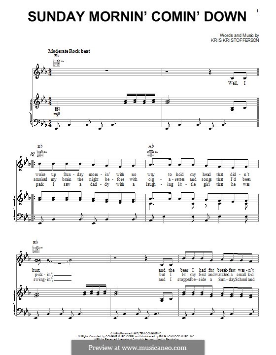 Sunday Mornin' Comin' Down by K. Kristofferson - sheet music on MusicaNeo