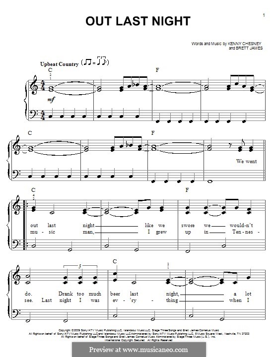 Out Last Night (Kenny Chesney) by Brett James - sheet music on MusicaNeo