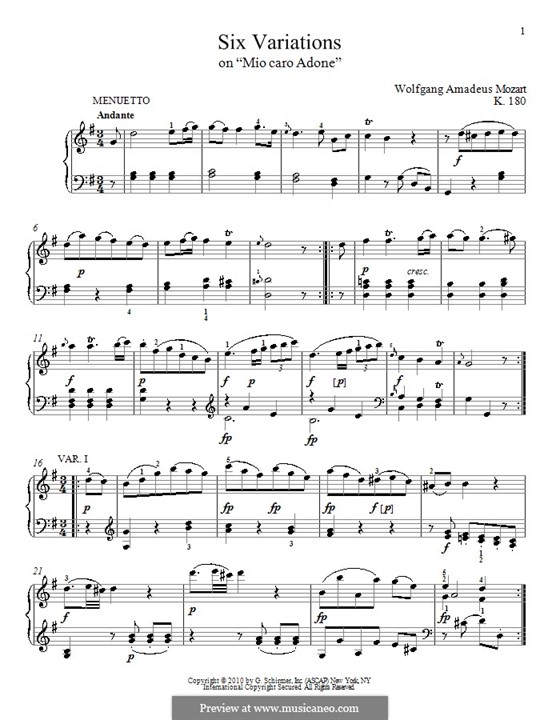 Six Variations on 'Mio caro Adona' by A. Salieri, K.180 by W.A. Mozart ...