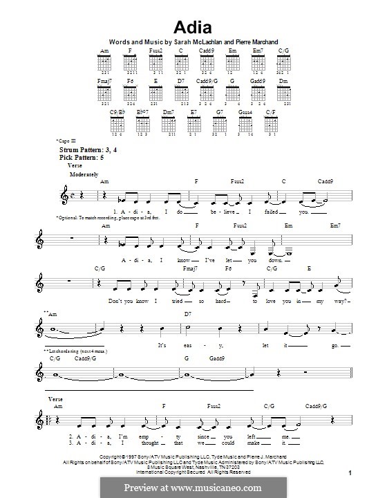 Adia by P. Marchand, S. McLachlan - sheet music on MusicaNeo