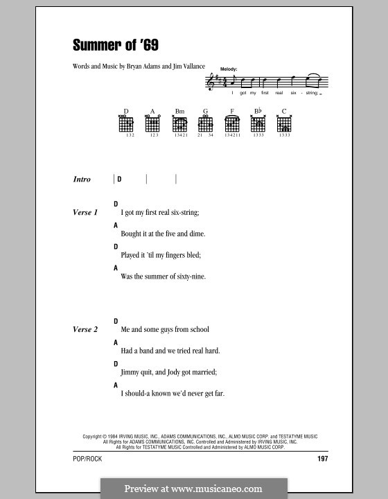 Summer of '69 by B. Adams, J. Vallance - sheet music on MusicaNeo