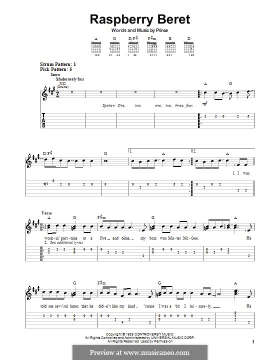 Raspberry Beret by Prince - sheet music on MusicaNeo