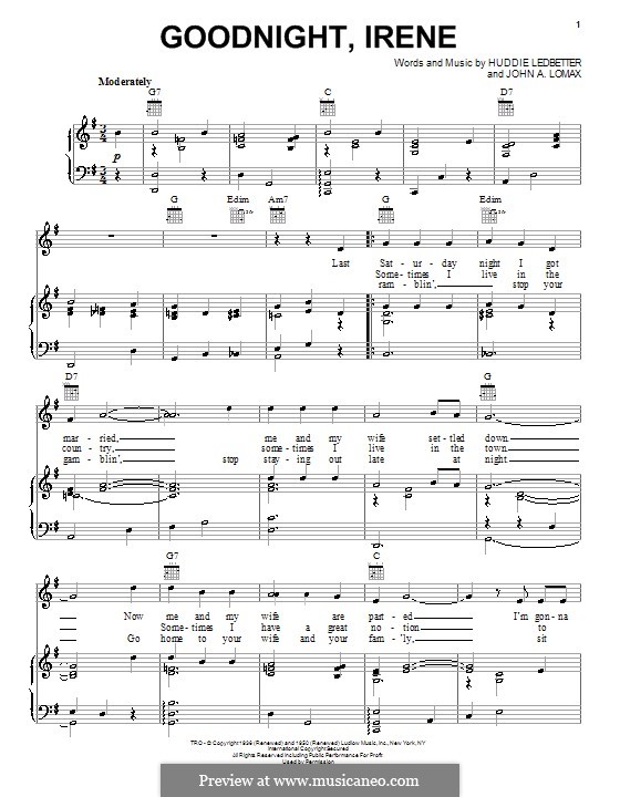 Goodnight, Irene by H. Ledbetter, J.A. Lomax - sheet music on MusicaNeo
