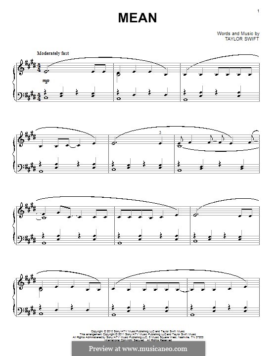 Mean by T. Swift - sheet music on MusicaNeo