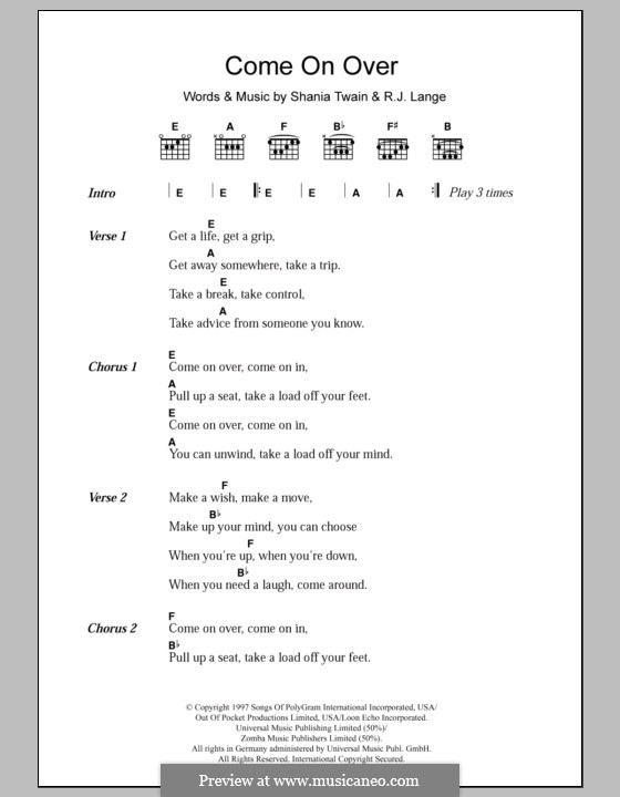 Come on Over by R.J. Lange, S. Twain - sheet music on MusicaNeo