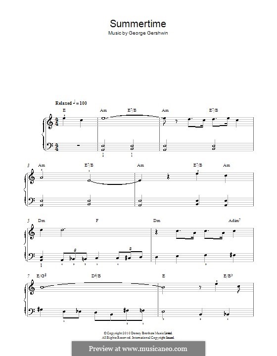 Summertime, for piano (Porgy and Bess) by G. Gershwin on MusicaNeo