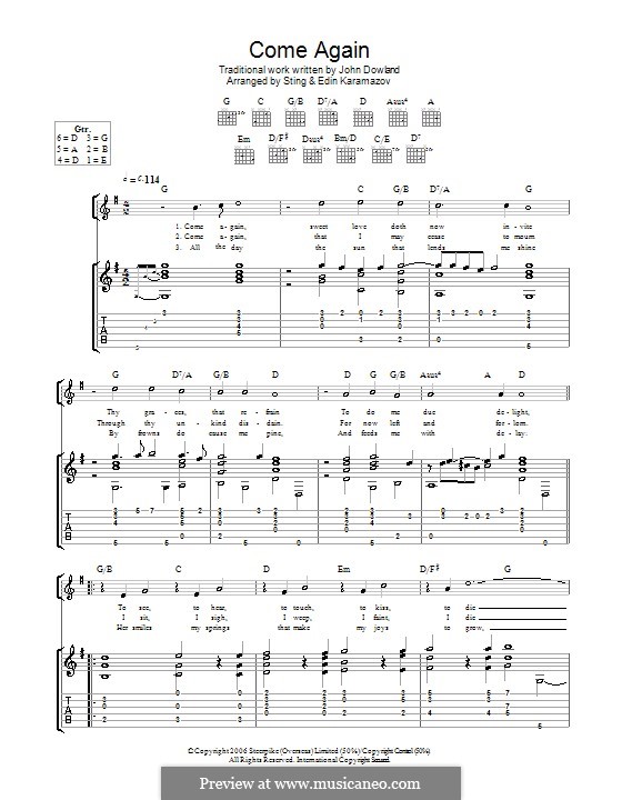 Come Again by J. Dowland - sheet music on MusicaNeo