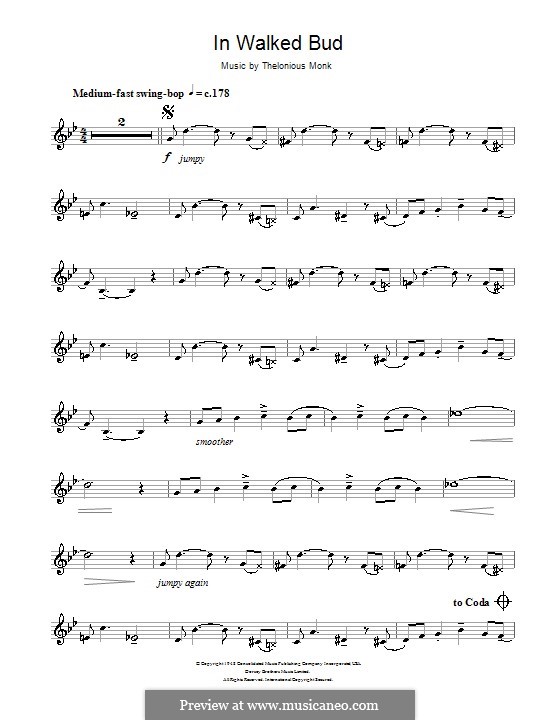 In Walked Bud by T. Monk - sheet music on MusicaNeo