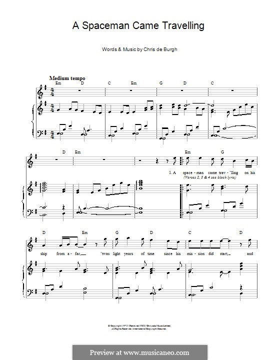 A Spaceman Came Travelling by C. de Burgh - sheet music on MusicaNeo