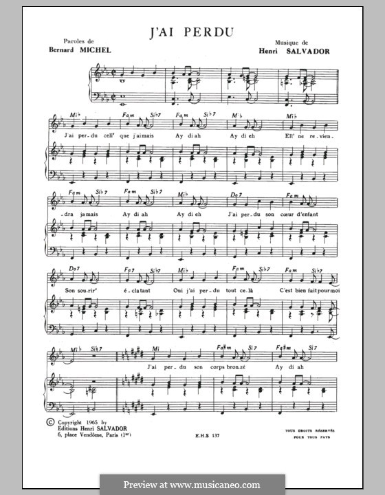 J'ai Perdu by H. Salvador - sheet music on MusicaNeo
