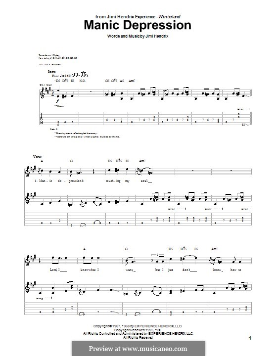Manic Depression by J. Hendrix - sheet music on MusicaNeo