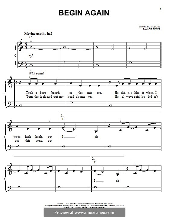 Begin Again by T. Swift - sheet music on MusicaNeo