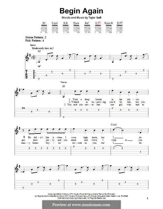 Begin Again by T. Swift - sheet music on MusicaNeo
