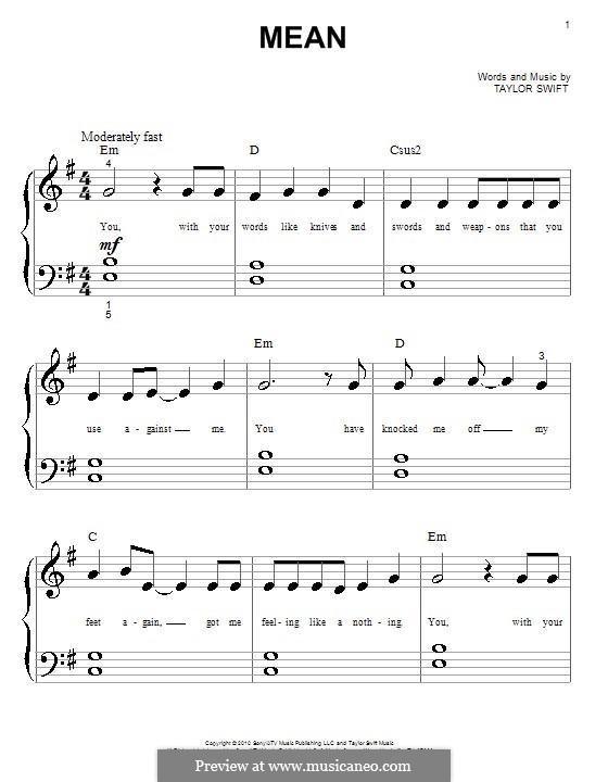 Mean by T. Swift - sheet music on MusicaNeo