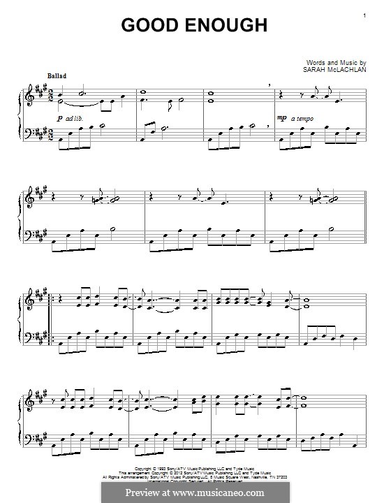 Good Enough by S. McLachlan - sheet music on MusicaNeo