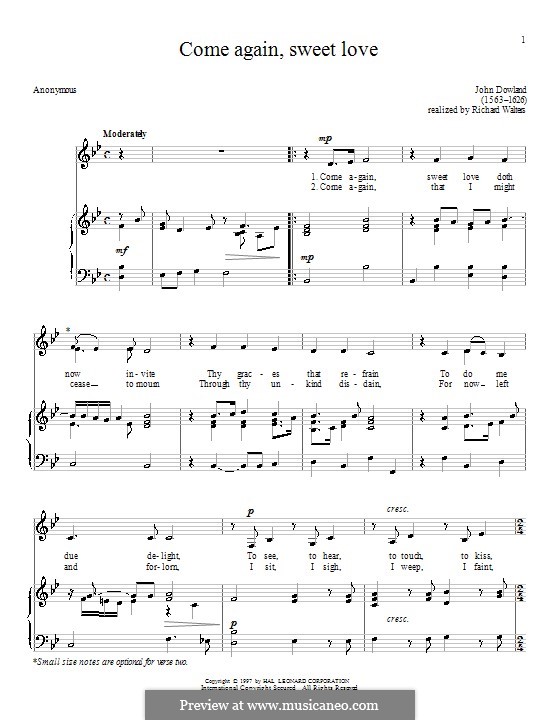 Come Again by J. Dowland - sheet music on MusicaNeo