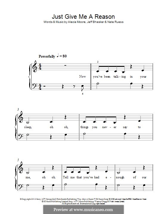 Just Give Me a Reason (Pink) by A. Moore, J. Bhasker, N. Ruess on MusicaNeo