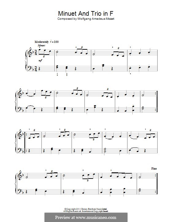 Minuet and Trio in F Major by W.A. Mozart - sheet music on MusicaNeo