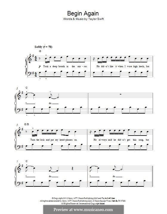 Begin Again by T. Swift - sheet music on MusicaNeo