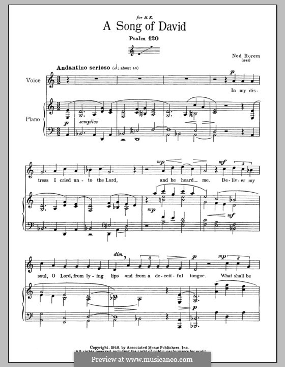 Song of David (Psalm 120) by N. Rorem - sheet music on MusicaNeo