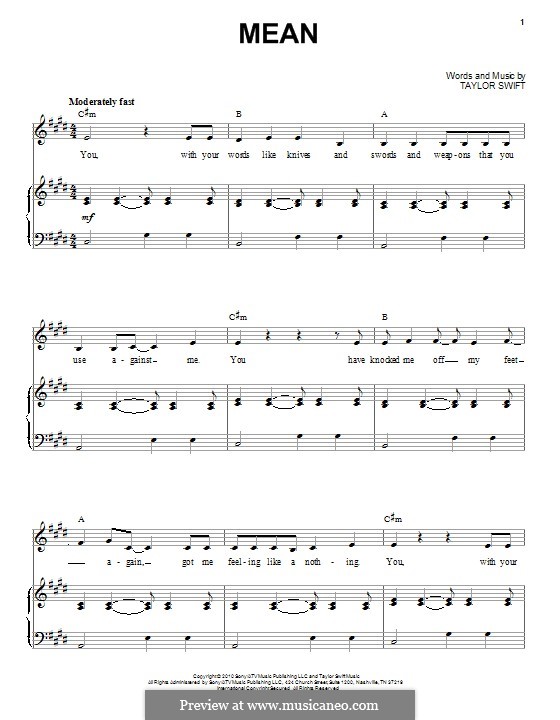 Mean by T. Swift - sheet music on MusicaNeo