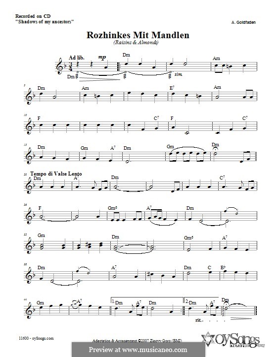 Rozhinkes Mit Mandlen by A. Goldfadden - sheet music on MusicaNeo