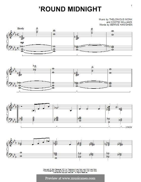 'Round Midnight by T. Monk, C. Williams - sheet music on MusicaNeo