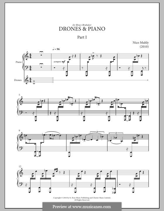 Drones and Piano by N. Muhly - sheet music on MusicaNeo