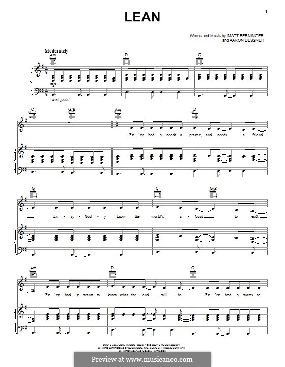 Lean (The National) by A. Dessner, M. Berninger - sheet music on MusicaNeo