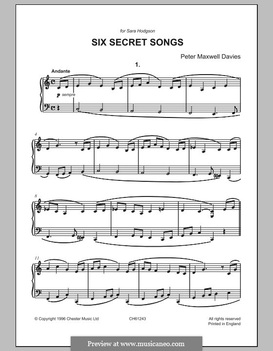 Six Secret Songs for Piano by P.M. Davies - sheet music on MusicaNeo