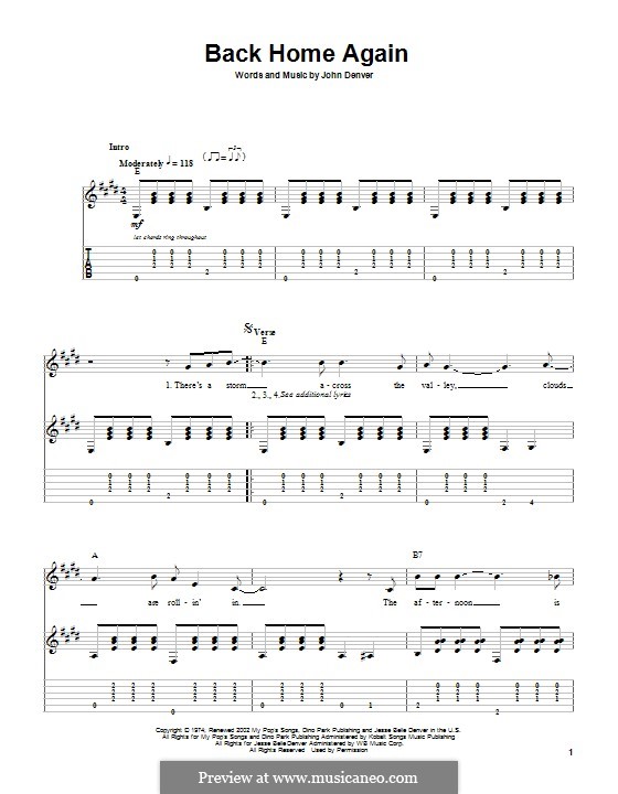 Back Home Again by J. Denver - sheet music on MusicaNeo