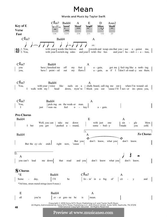 Mean by T. Swift - sheet music on MusicaNeo