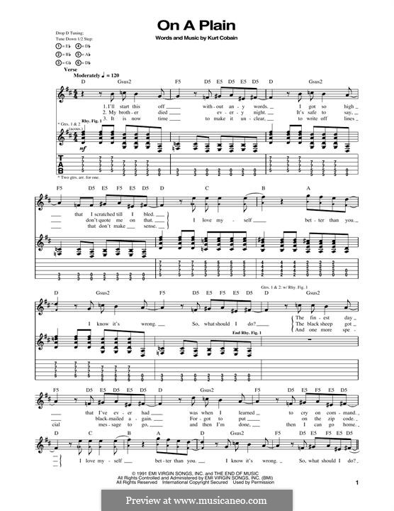 On a Plain (Nirvana) by K. Cobain - sheet music on MusicaNeo