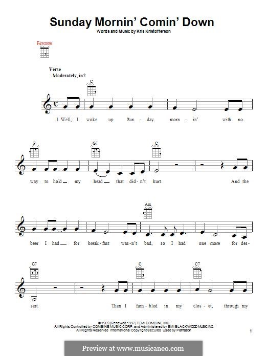 Sunday Mornin' Comin' Down by K. Kristofferson - sheet music on MusicaNeo