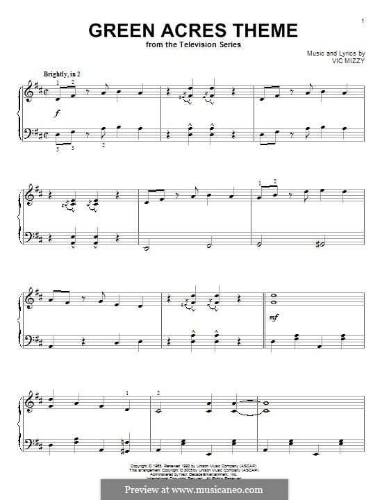 Green Acres Theme by V. Mizzy - sheet music on MusicaNeo
