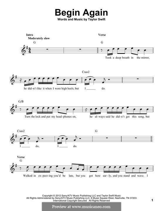 Begin Again by T. Swift - sheet music on MusicaNeo