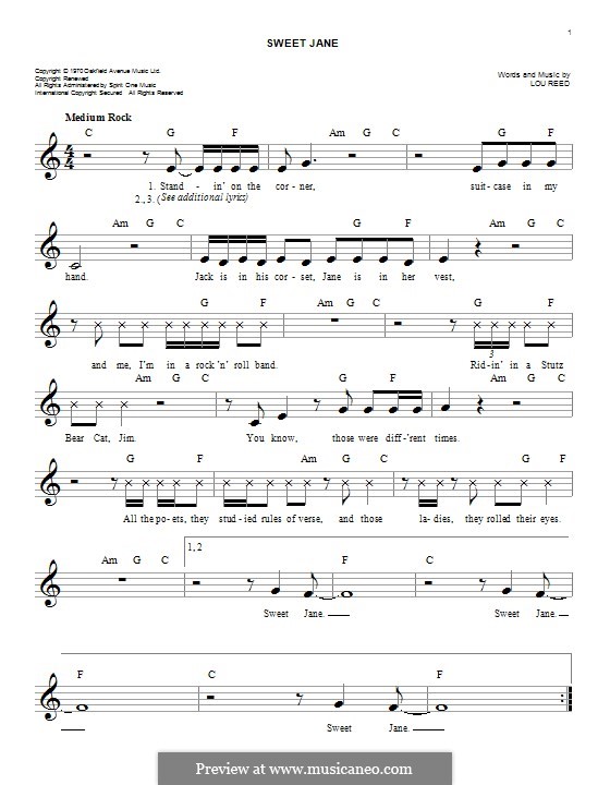 Sweet Jane by L. Reed - sheet music on MusicaNeo