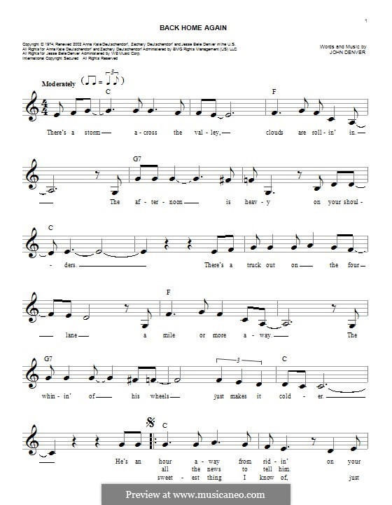 Back Home Again by J. Denver - sheet music on MusicaNeo