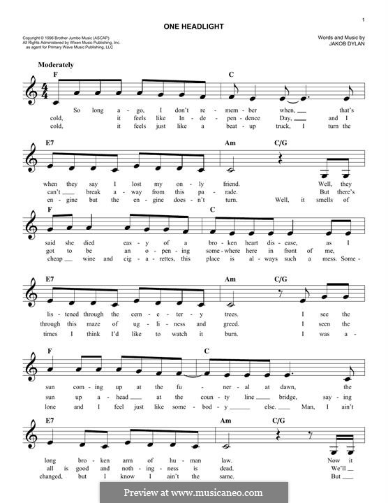One Headlight (The Wallflowers) by J. Dylan - sheet music on MusicaNeo